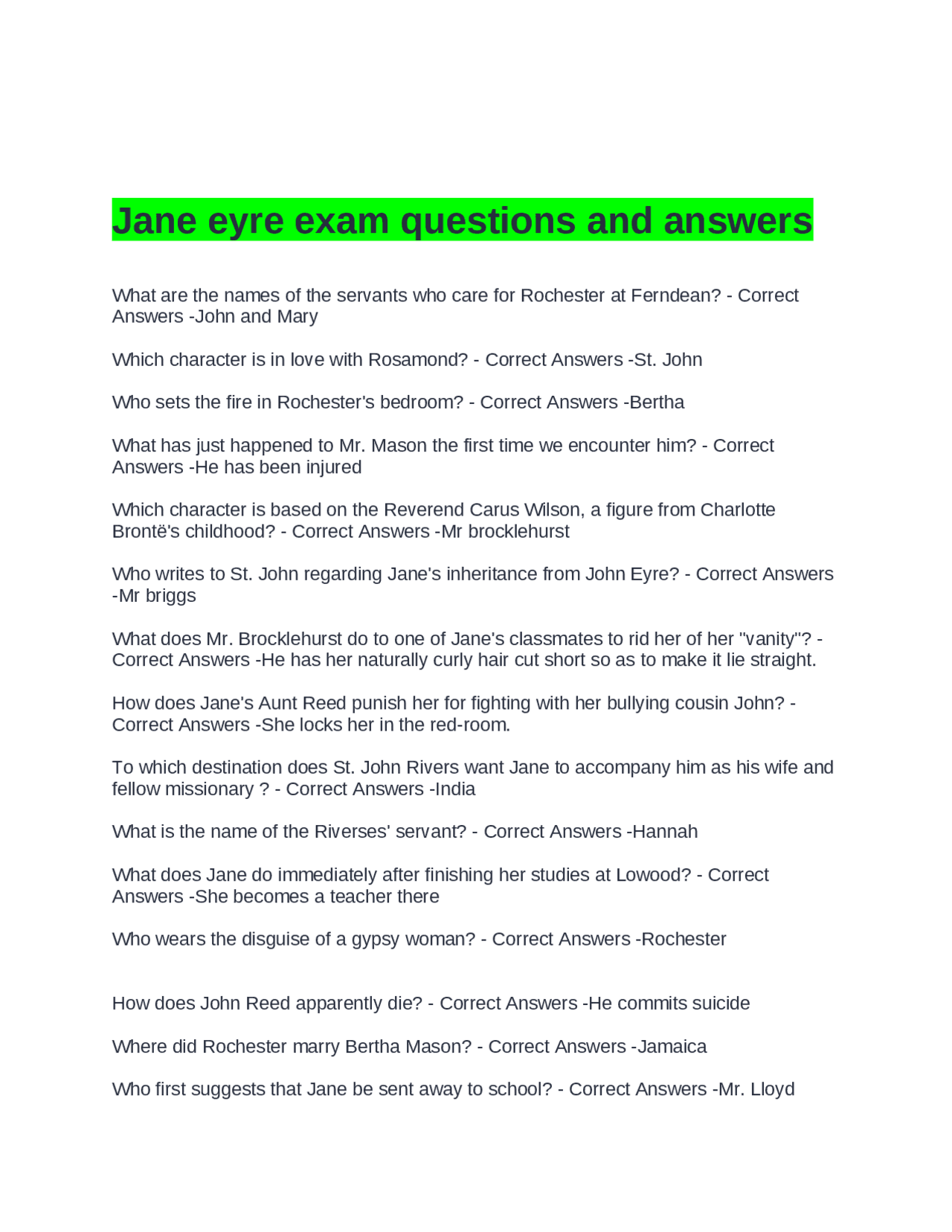 Jane Eyre Exam Questions and Answers: A Comprehensive Guide | Exams ...