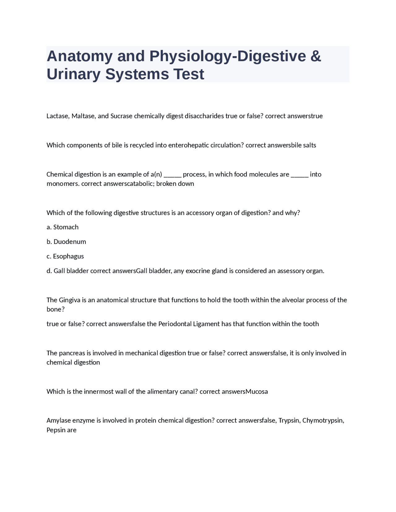 Anatomy and Physiology: Digestive & Urinary Systems Test | Exams ...