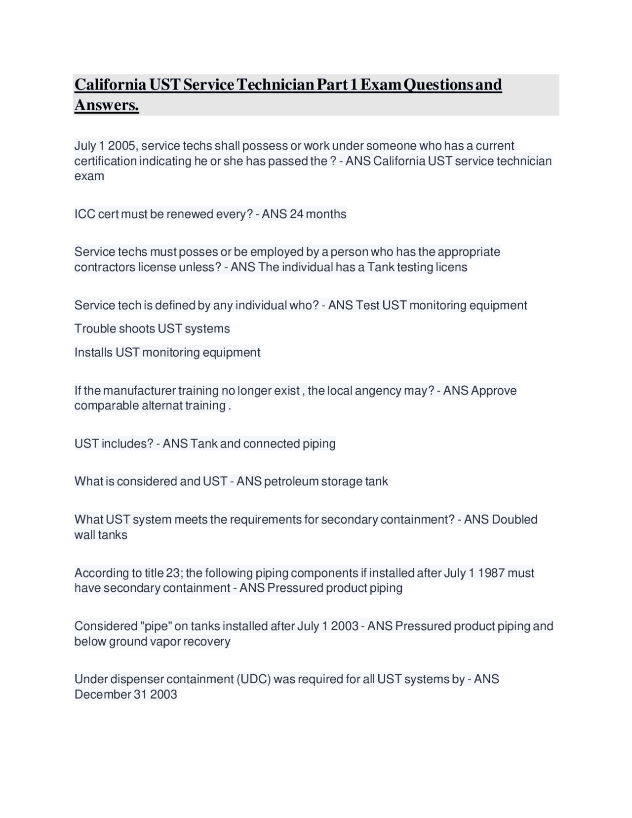 California UST Service Technician Part 1 Exam Questions and Answers ...