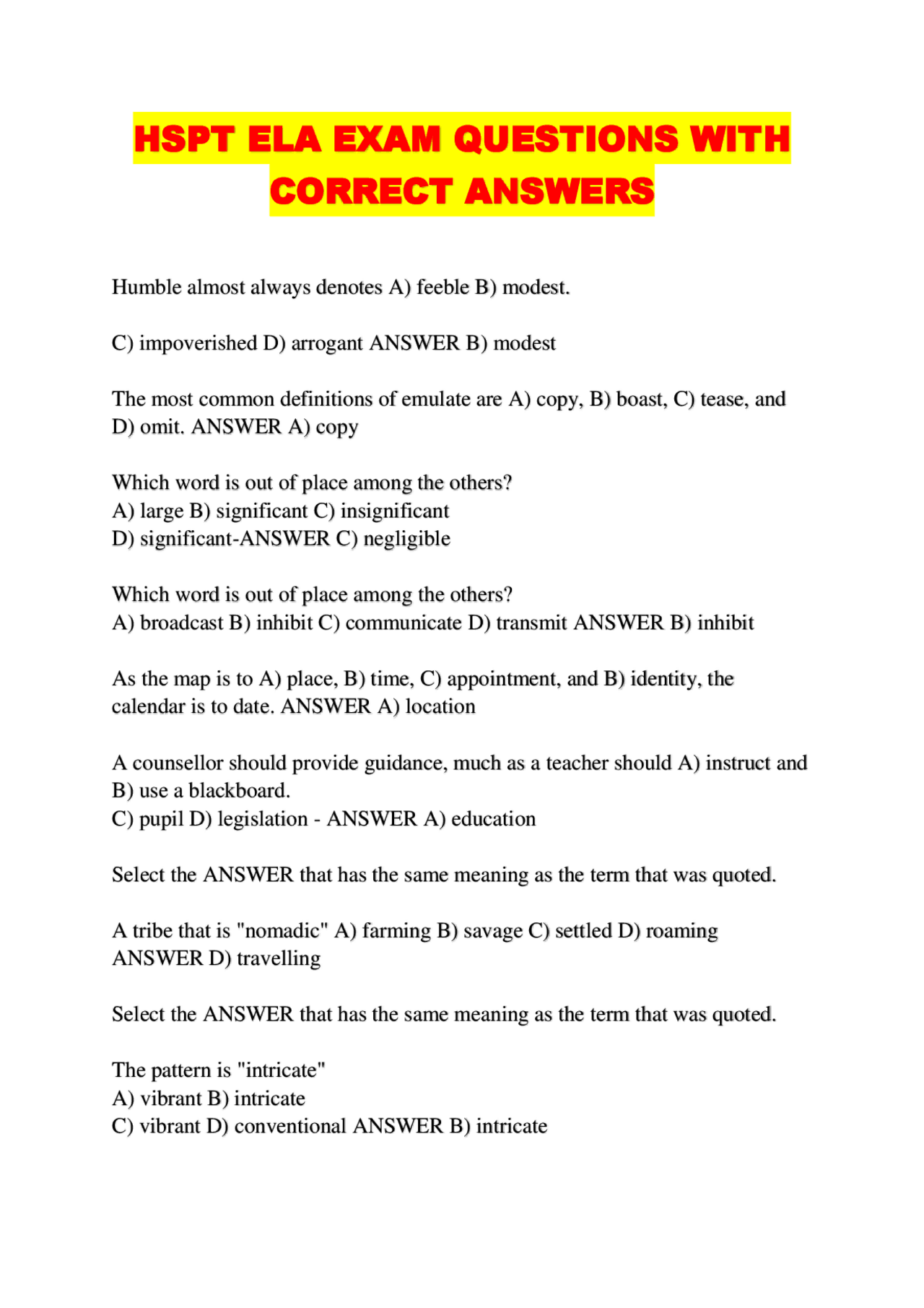 HSPT ELA Exam Practice: Questions & Answers | Exams English Language ...