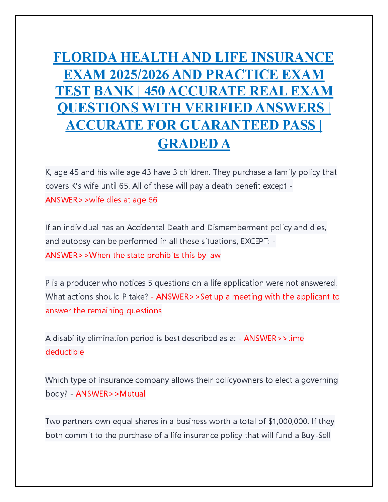 Florida Health and Life Insurance Exam 2025/2026: Test Bank with ...
