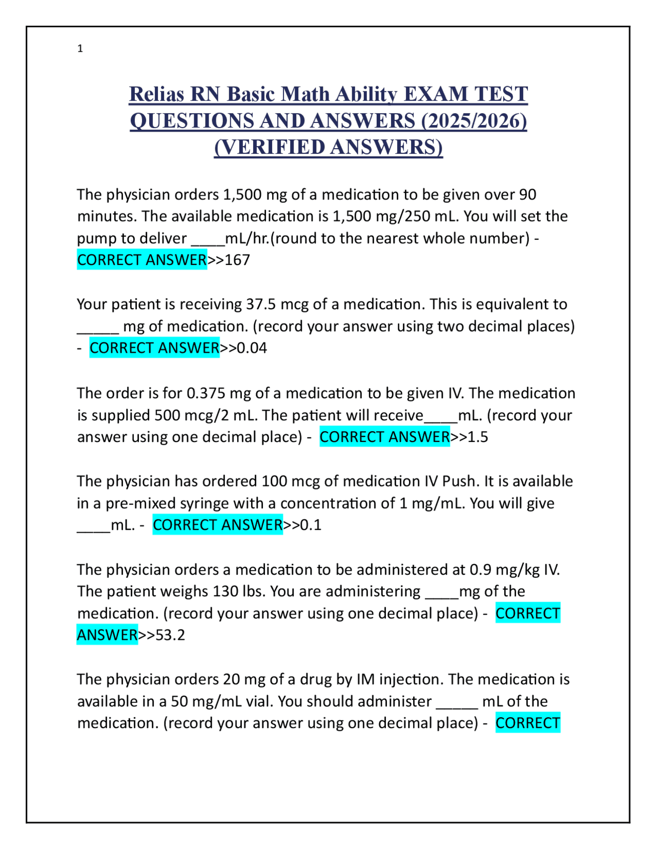 Relias RN Basic Math Ability EXAM TEST QUESTIONS AND ANSWERS (2025/2026 ...