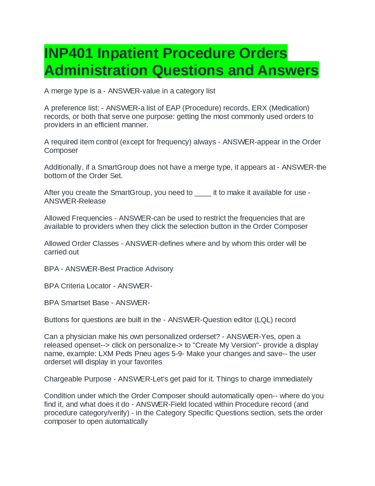 INP401 Inpatient Procedure Orders Administration: Questions and Answers ...
