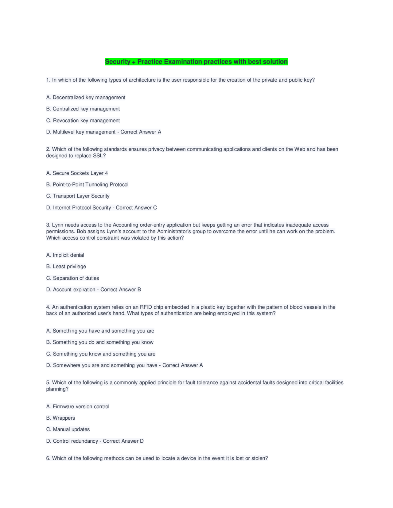 Security+ Practice Examination: Multiple Choice Questions and Answers ...