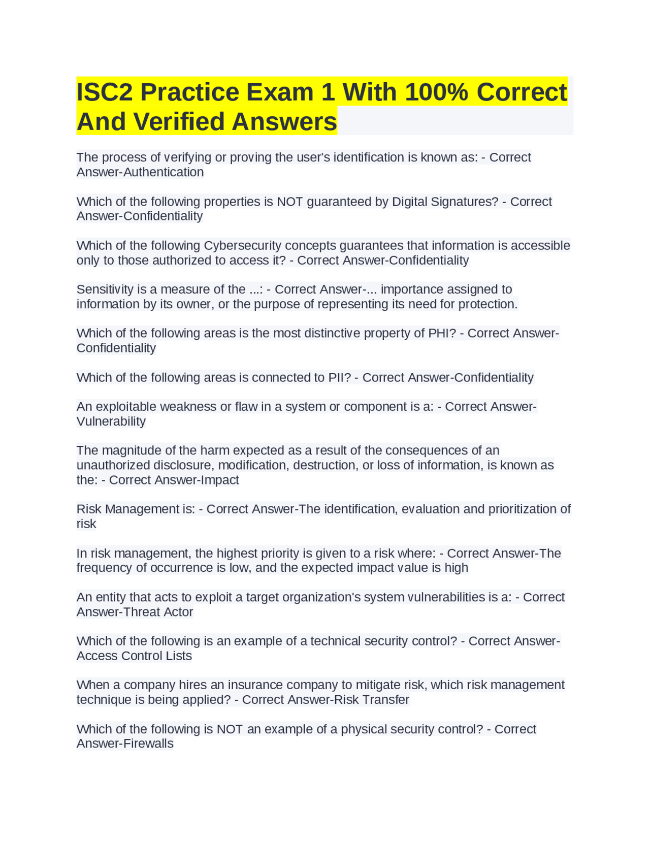 ISC2 Practice Exam 1: Cybersecurity Fundamentals and Ethics | Exams ...