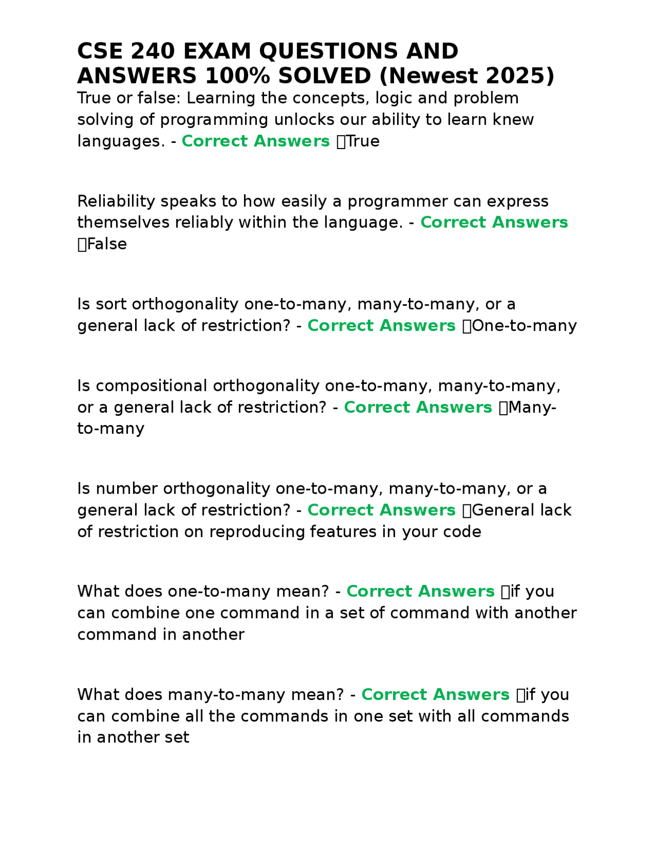 CSE 240 Exam Questions and Answers: Programming Language Concepts and Syntax | Exams Nursing ...