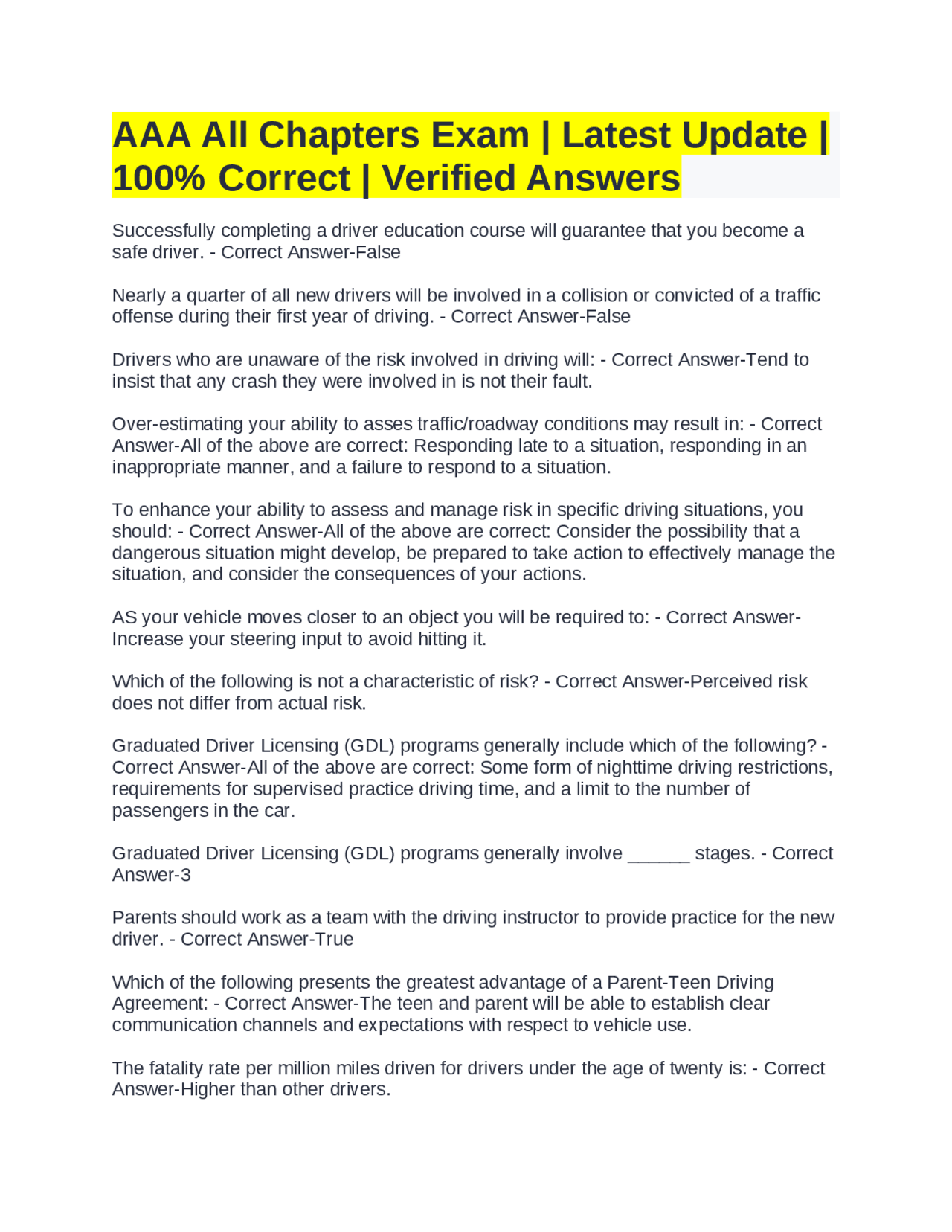 Driver Education Exam: Multiple Choice Questions and Answers | Exams ...