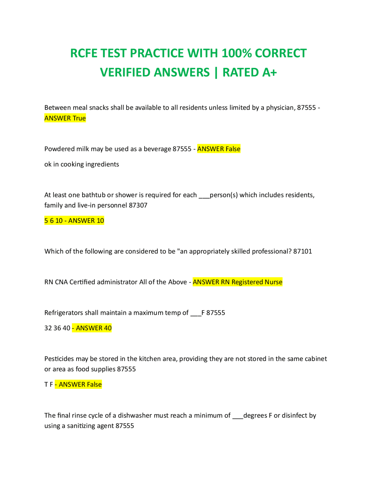 RCFE Test Practice Questions and Answers | Exams Gerontology | Docsity