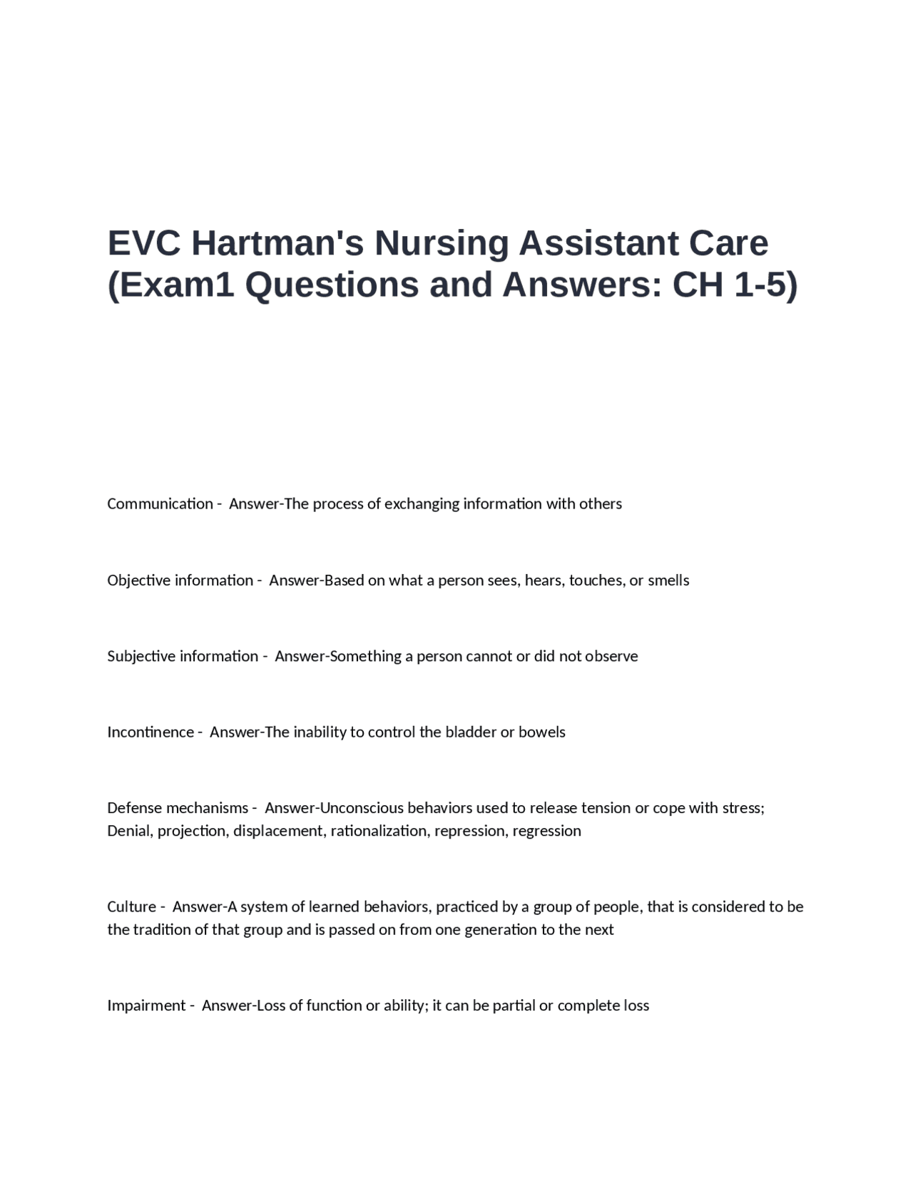 Nursing Assistant Care Exam 1 Questions and Answers: Chapters 1-5 ...