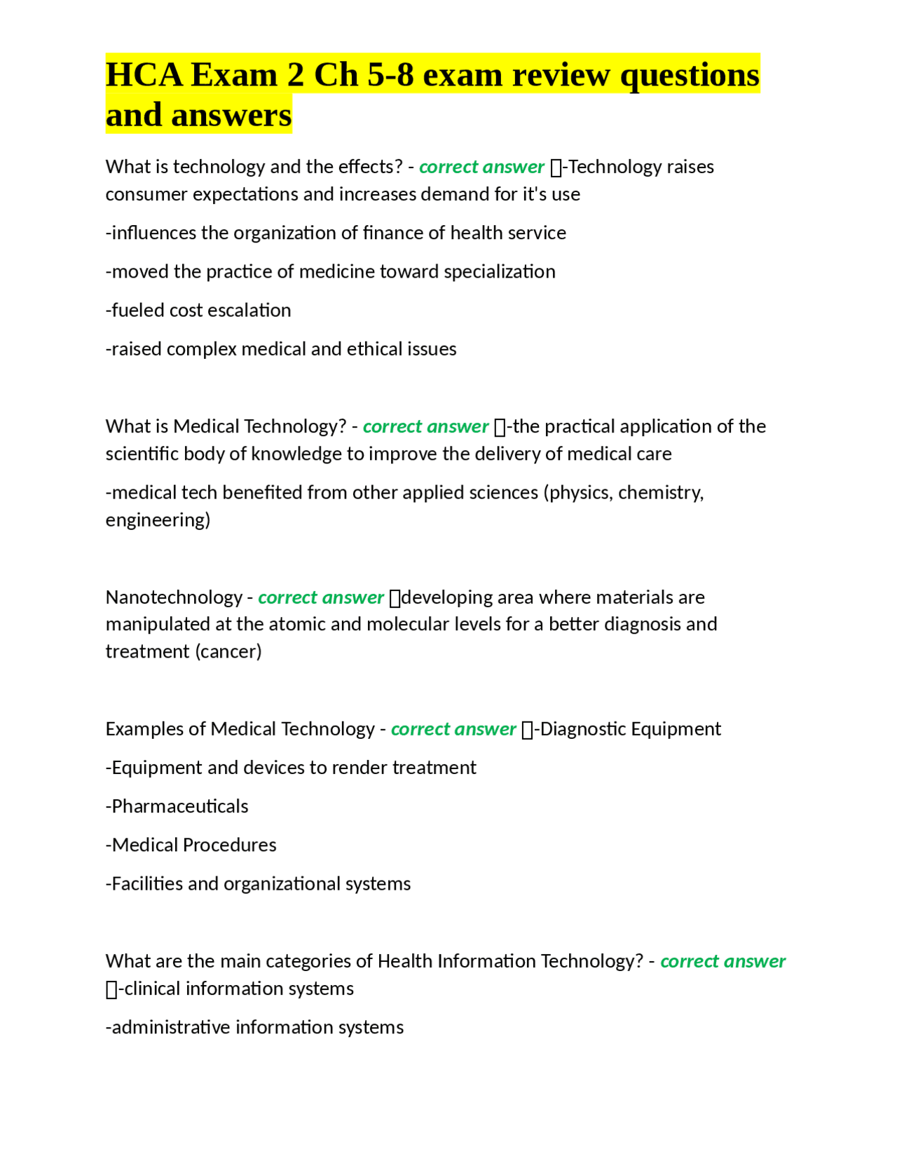 HCA Exam 2 Review: Medical & Health Information Technology | Exams Nursing | Docsity