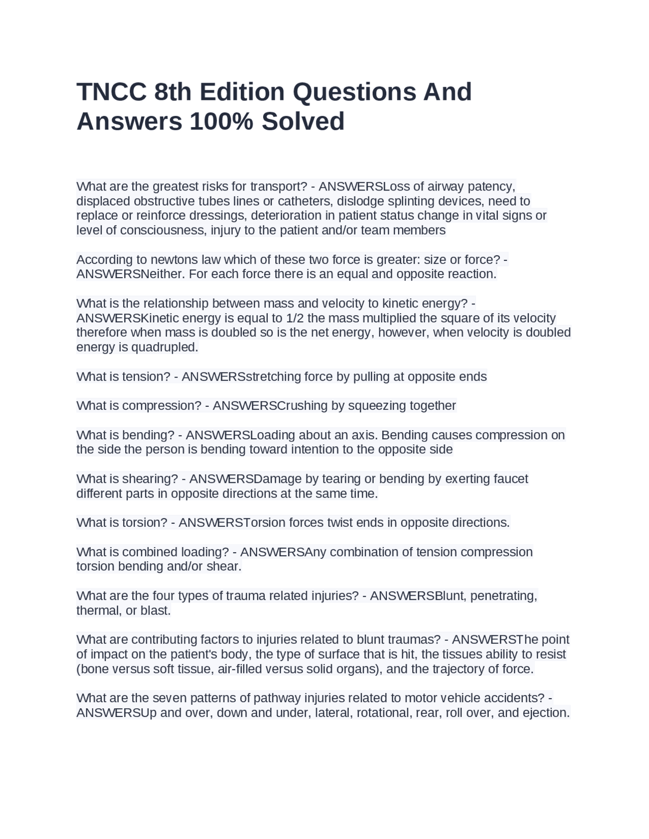 TNCC 8th Edition Questions and Answers: Trauma Care Essentials | Exams ...