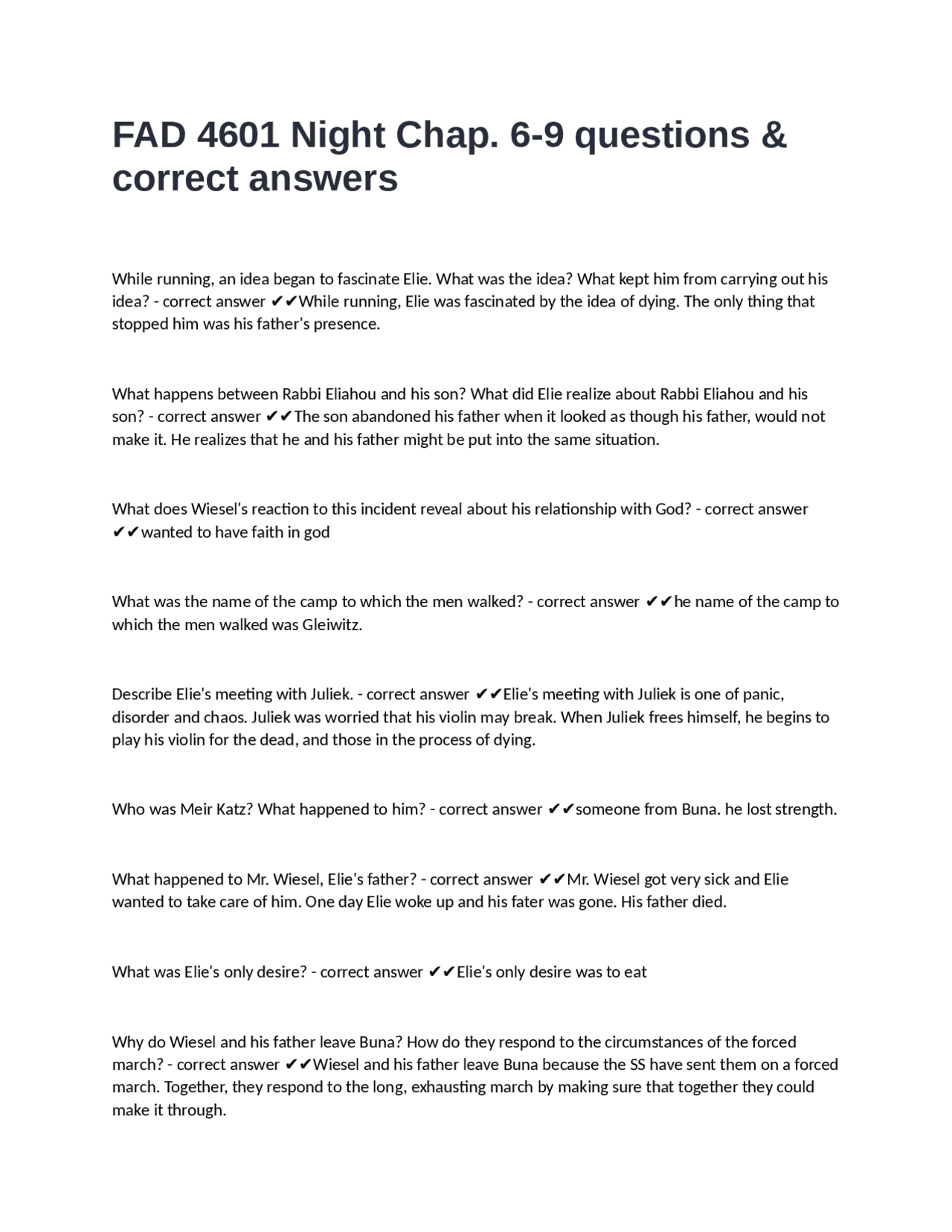 Night by Elie Wiesel: Chapter 6-9 Questions and Answers | Exams Nursing ...