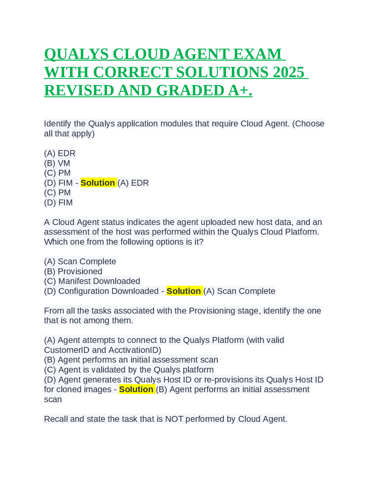 Qualys Cloud Agent Exam with Correct Solutions | Exams Computer Science | Docsity