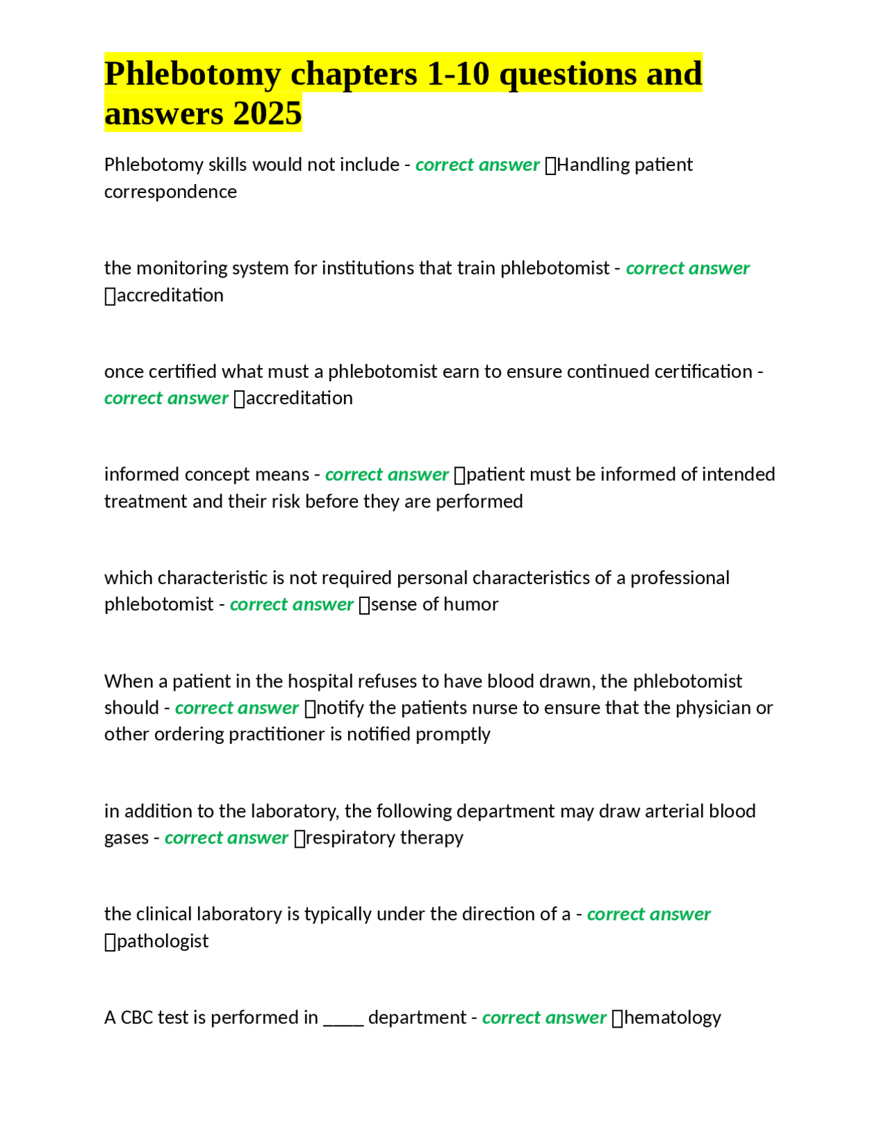 Phlebotomy Chapters 1-10: Questions and Answers | Exams Medicine | Docsity