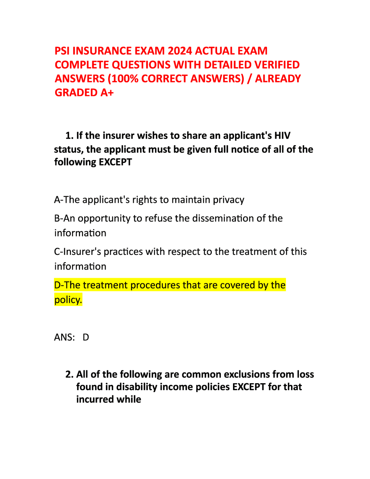 PSI INSURANCE EXAM 2024 ACTUAL EXAM COMPLETE QUESTIONS WITH DETAILED ...