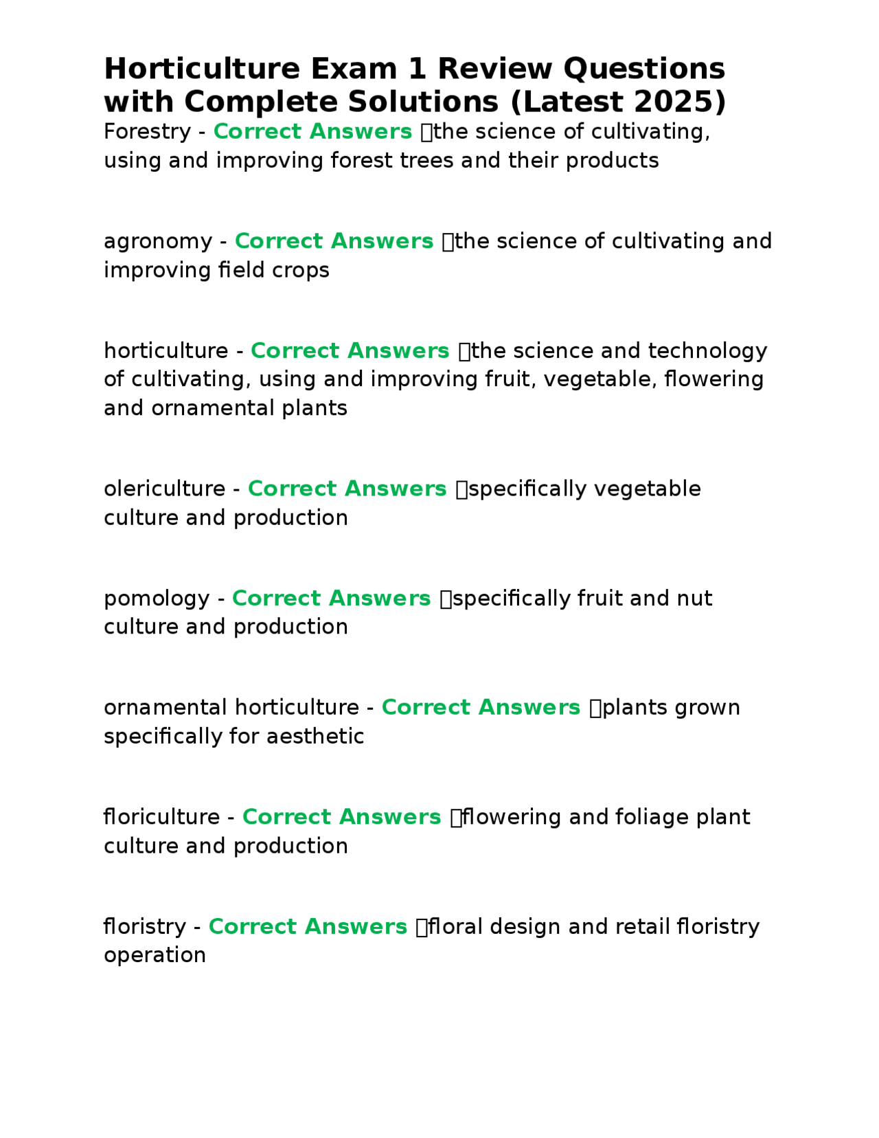 Horticulture Exam 1 Review Questions with Complete Solutions (Latest ...
