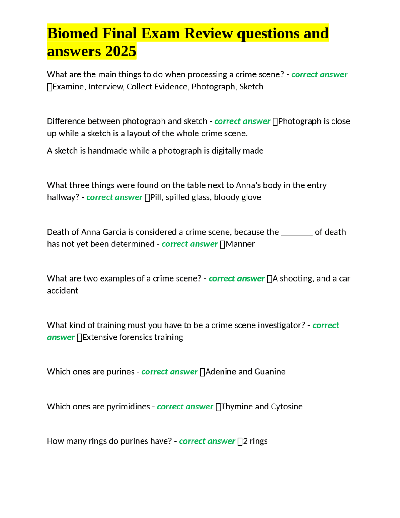 Biomed Final Exam Review questions and answers 2025 | Exams Medicine ...