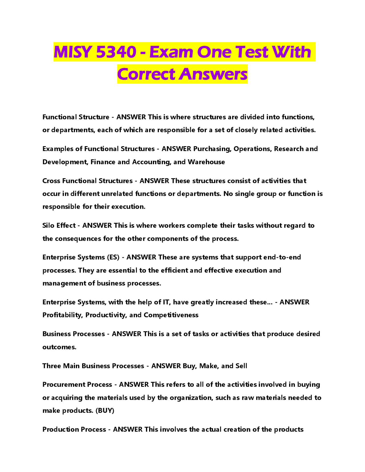 MISY 5340 - Exam One Test With Correct Answers | Exams Community Health ...