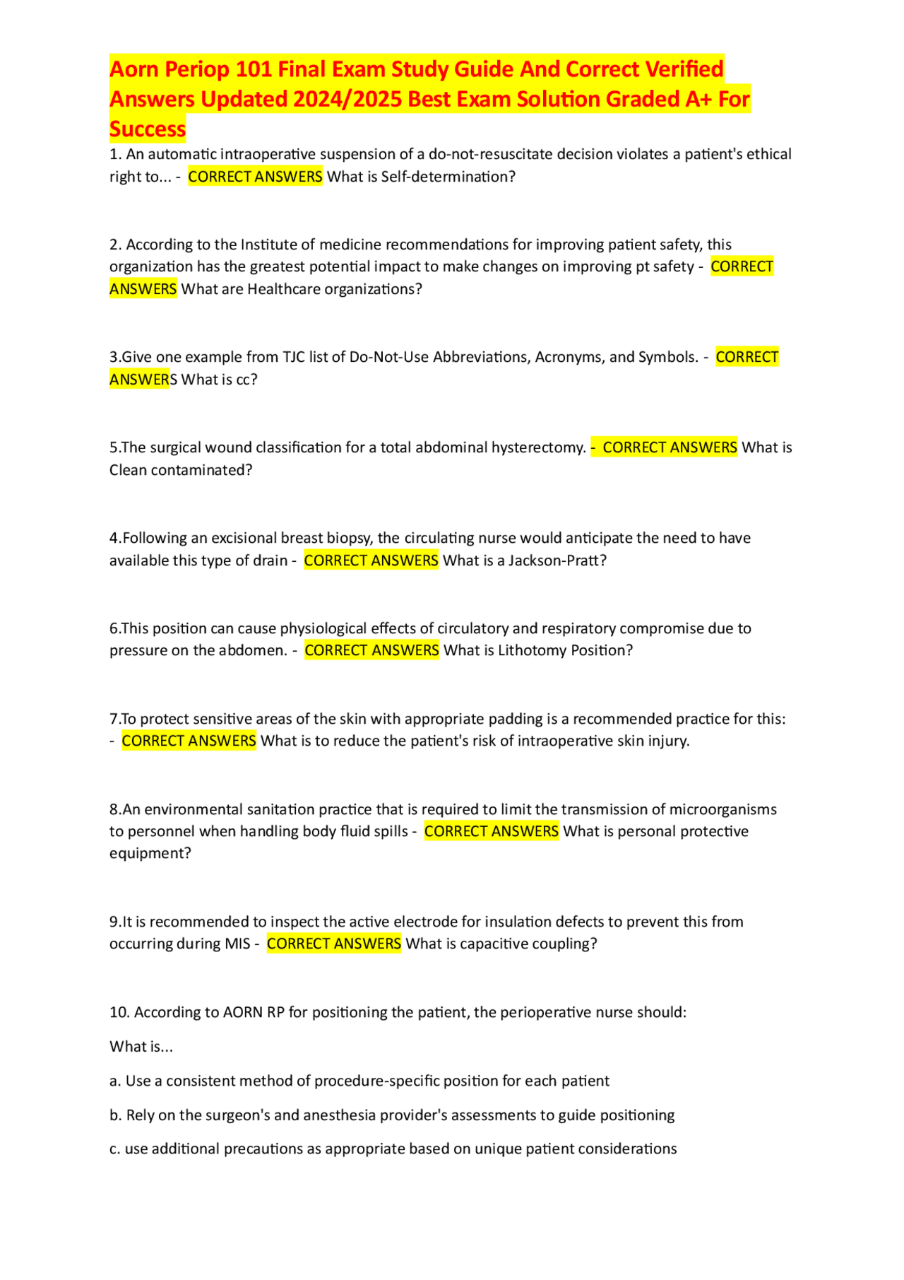 Aorn Periop 101 Final Exam Study Guide: Questions and Answers | Exams ...