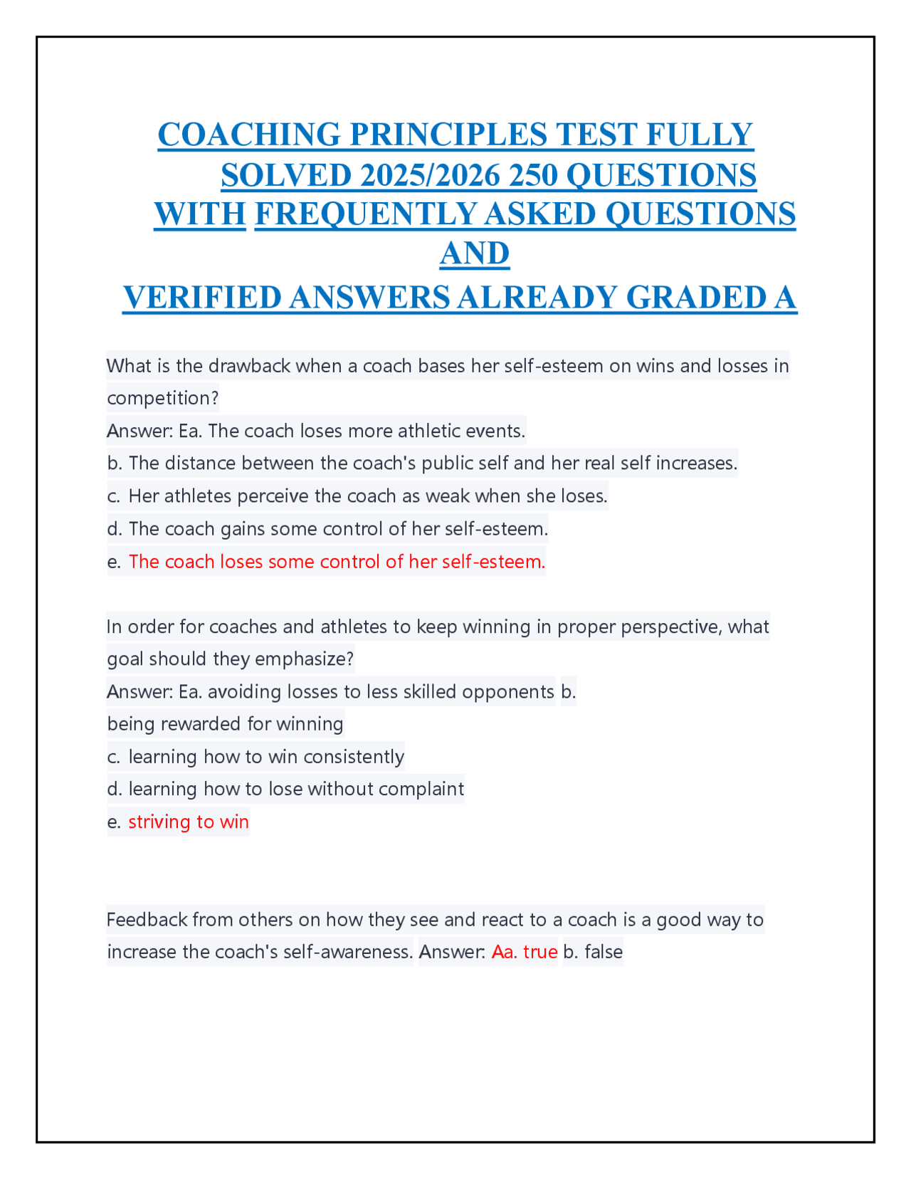 COACHING PRINCIPLES TEST FULLY SOLVED 2025/2026 250 QUESTIONS WITH ...