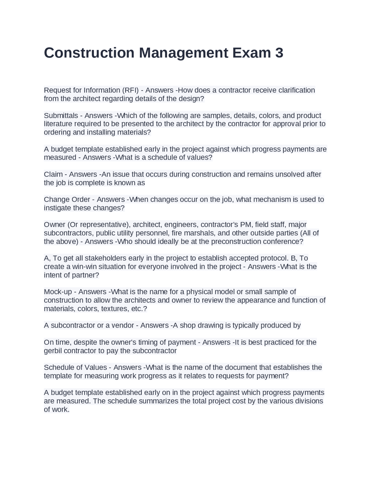 Construction Management Exam 3: Questions and Answers | Exams ...