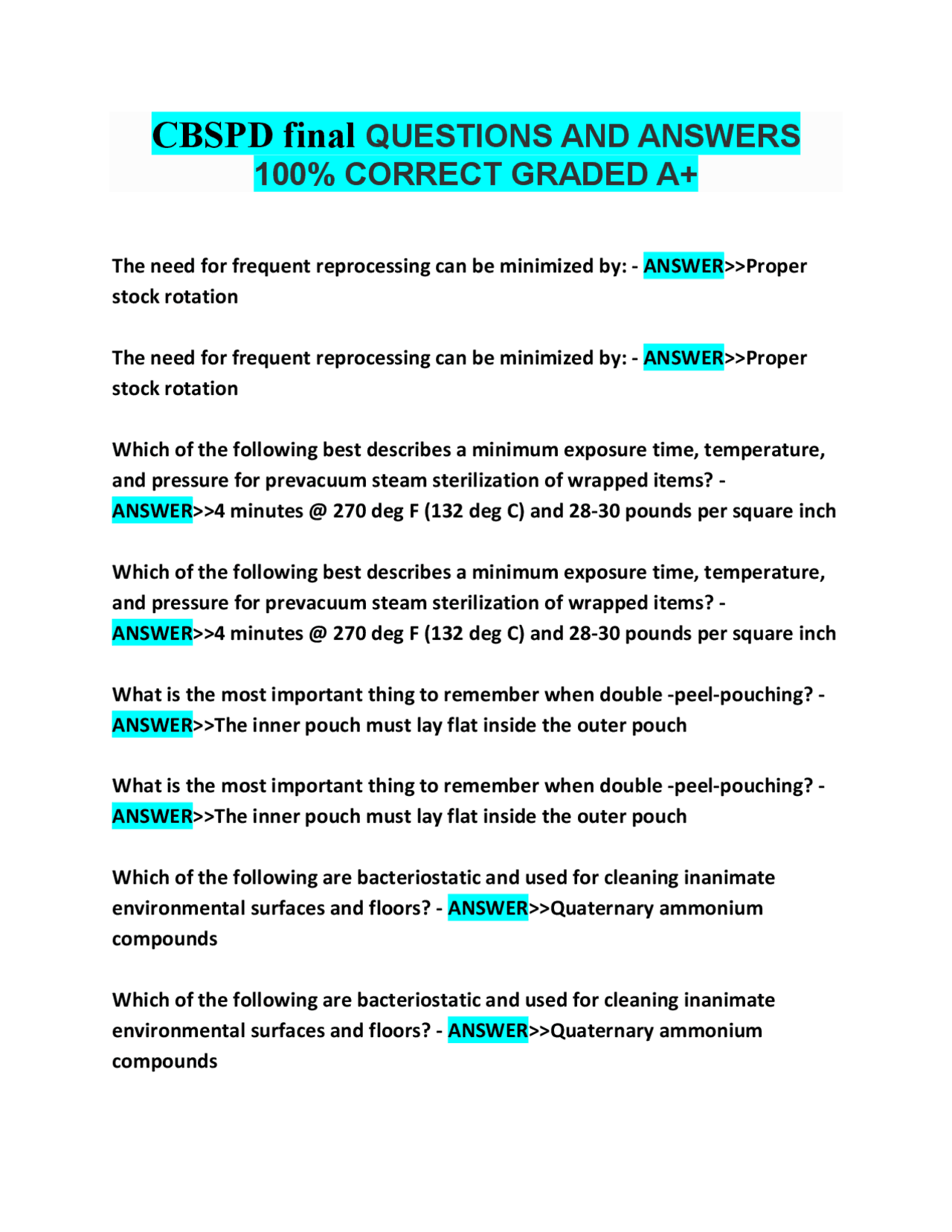 CBSPD Final Exam Questions and Answers | Exams Nursing | Docsity