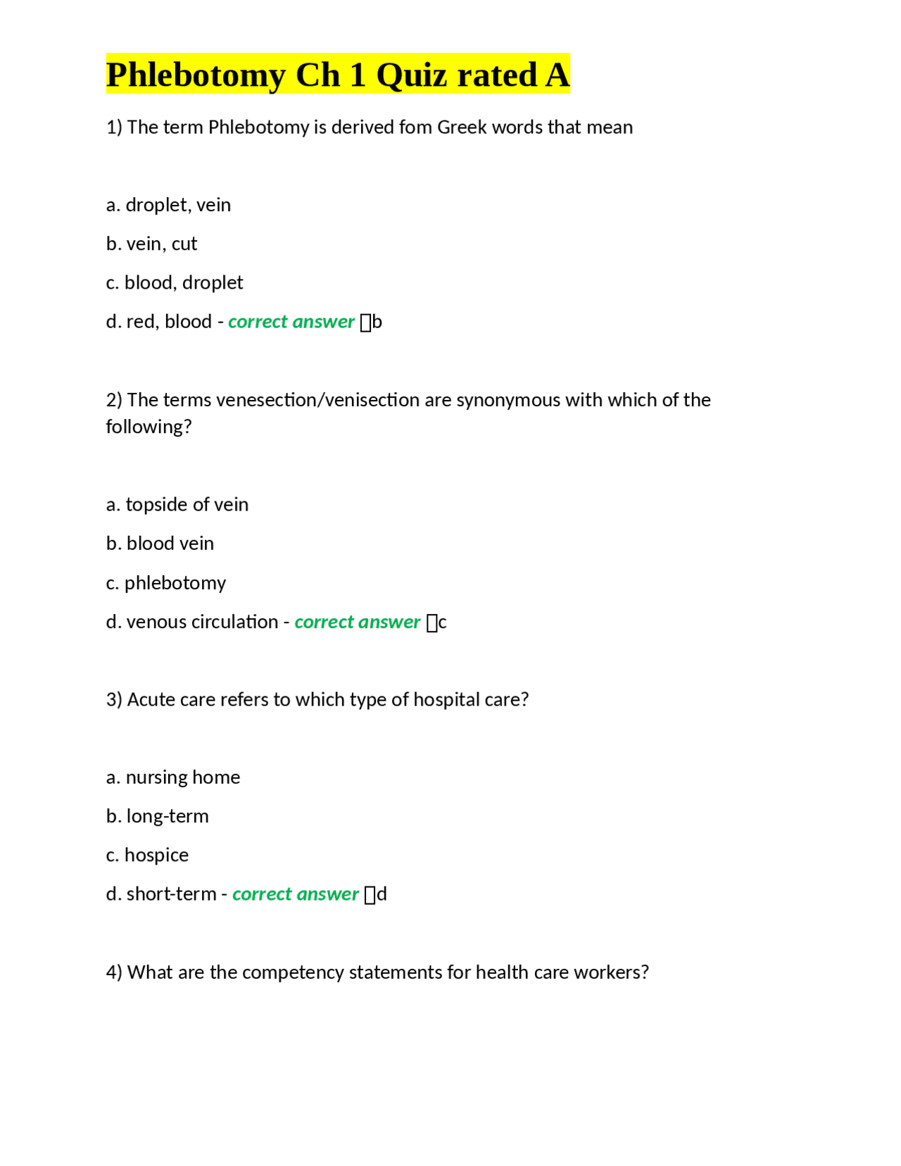 Phlebotomy Chapter 1 Quiz: Multiple Choice Questions and Answers ...