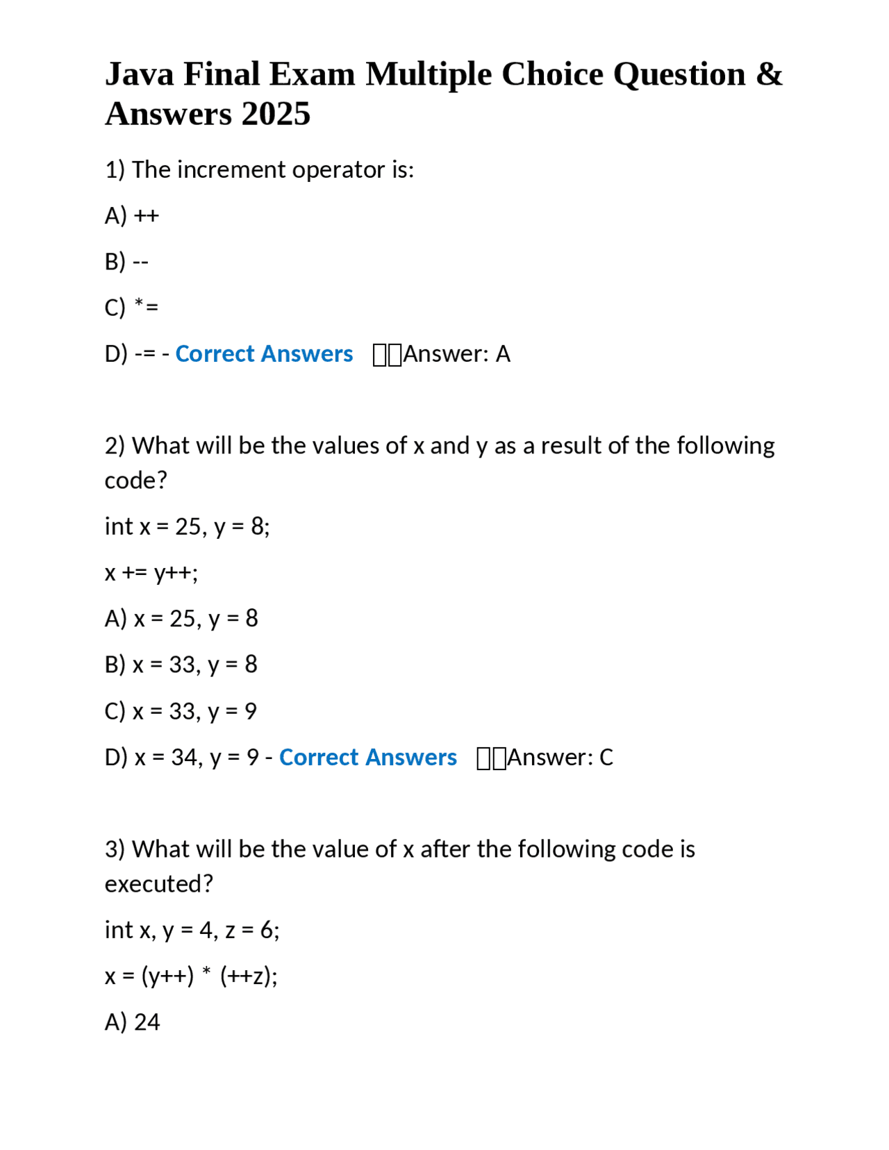Java Final Exam Multiple Choice Question & Answers 2025 | Exams Nursing | Docsity