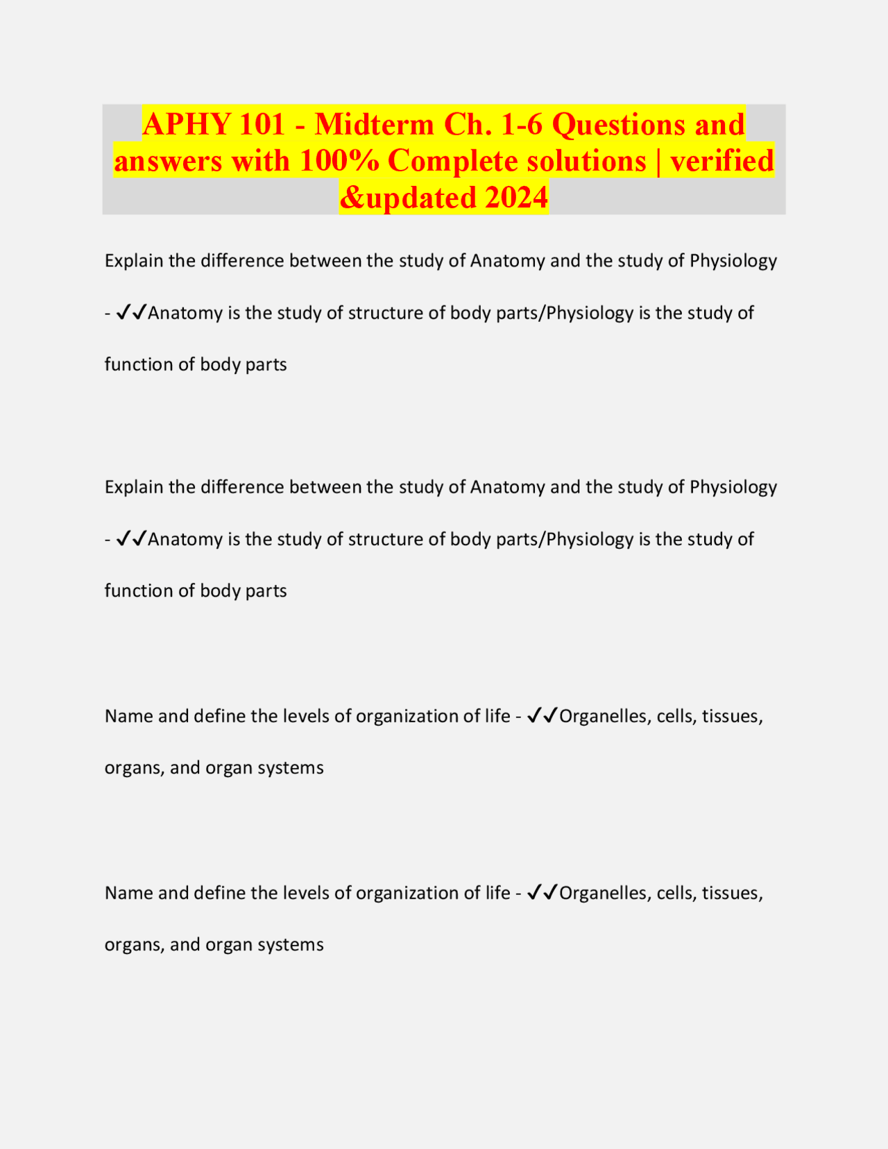 APHY 101 - Midterm Ch. 1-6 Questions and answers with 100% Complete ...