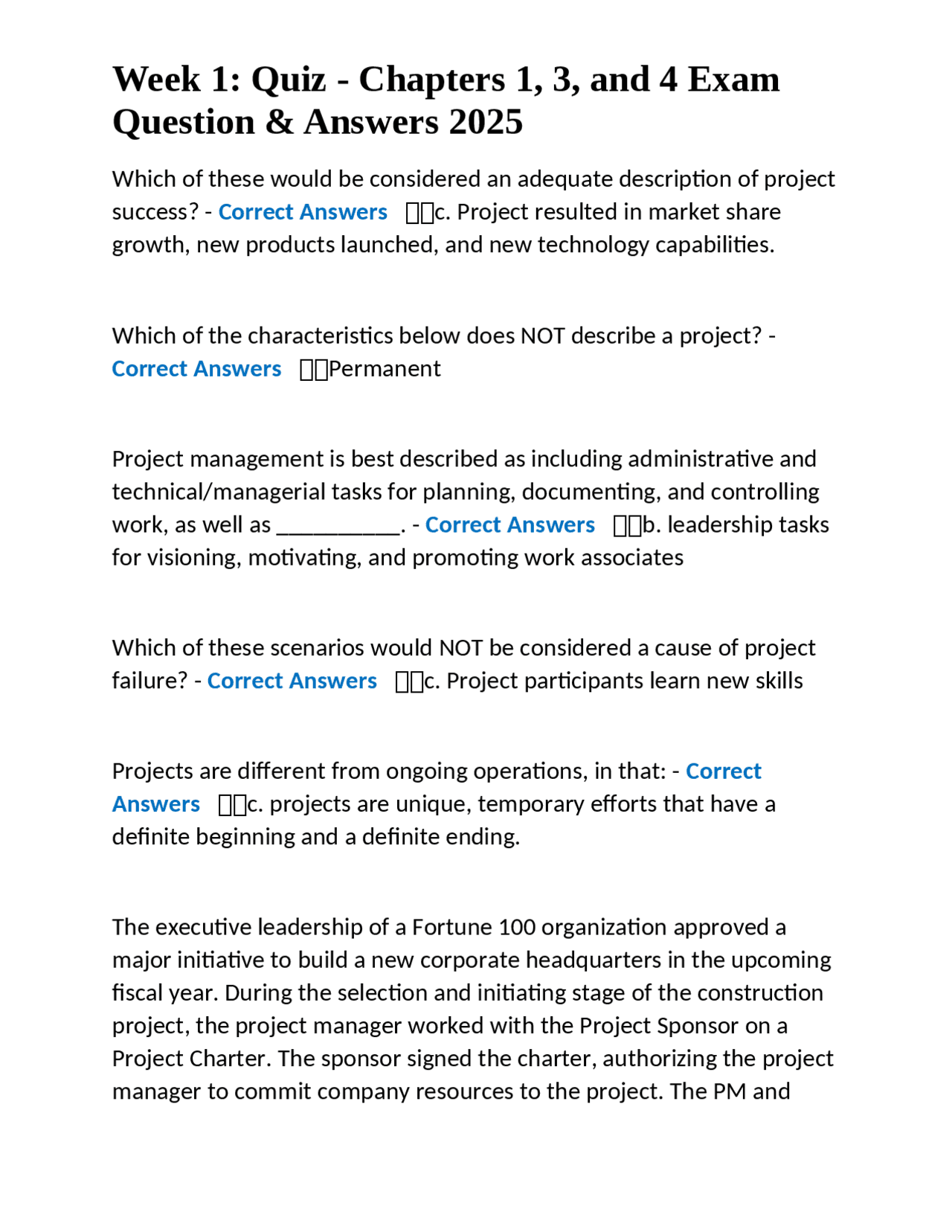 Project Management Quiz: Chapters 1, 3, and 4 | Exams Nursing | Docsity