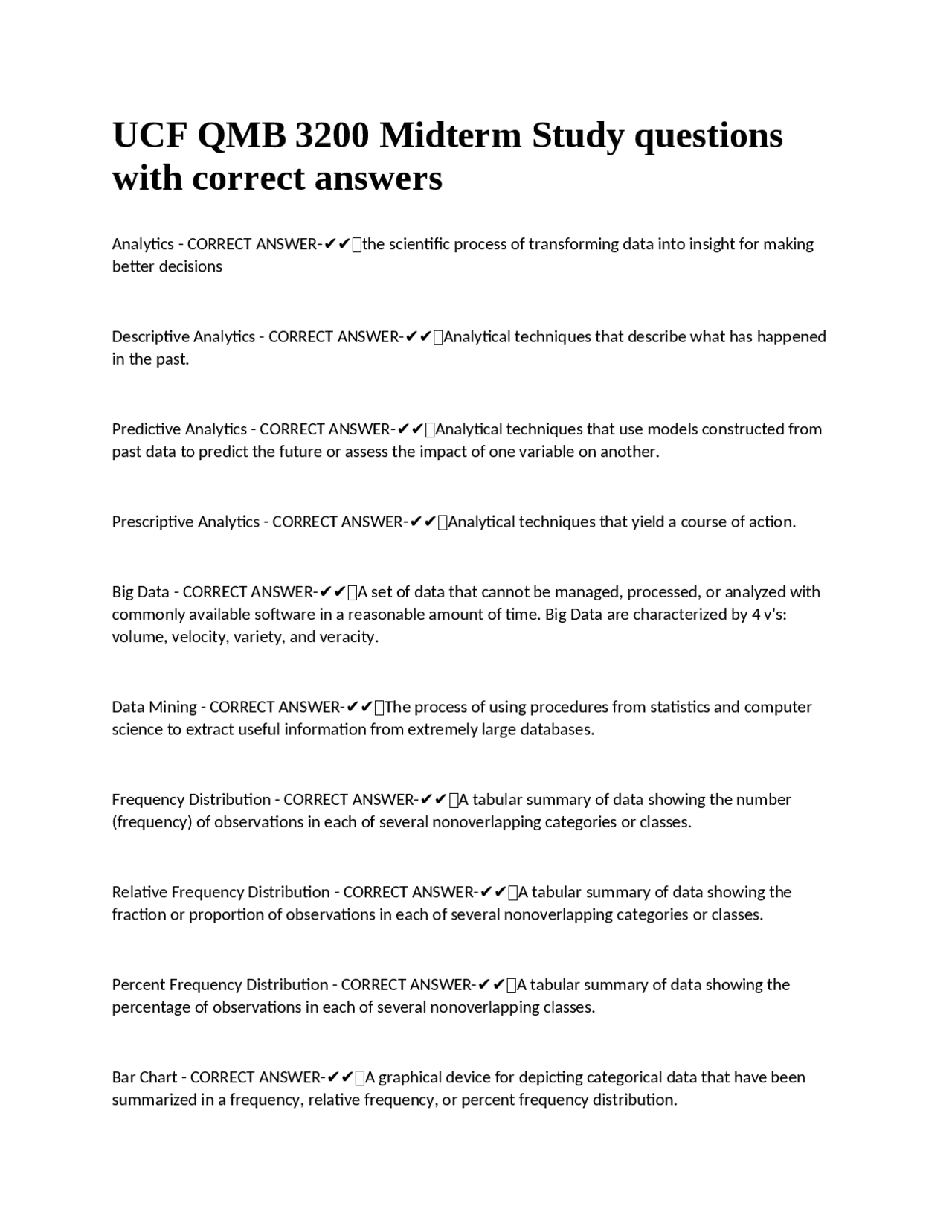 UCF QMB 3200 Midterm Study Guide: Analytics, Data, & Stats | Exams ...