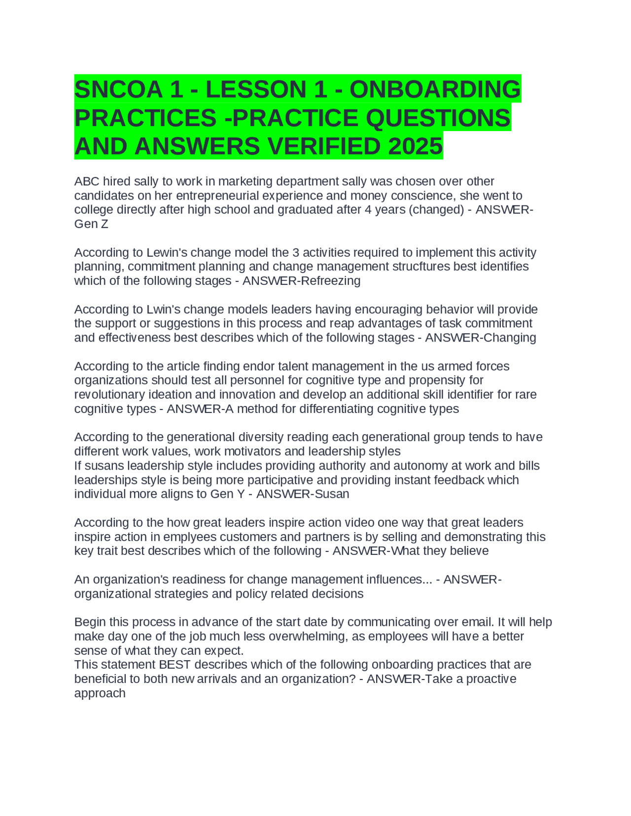 SNCOA 1 - LESSON 1 - ONBOARDING PRACTICES | Exams Advanced Education ...