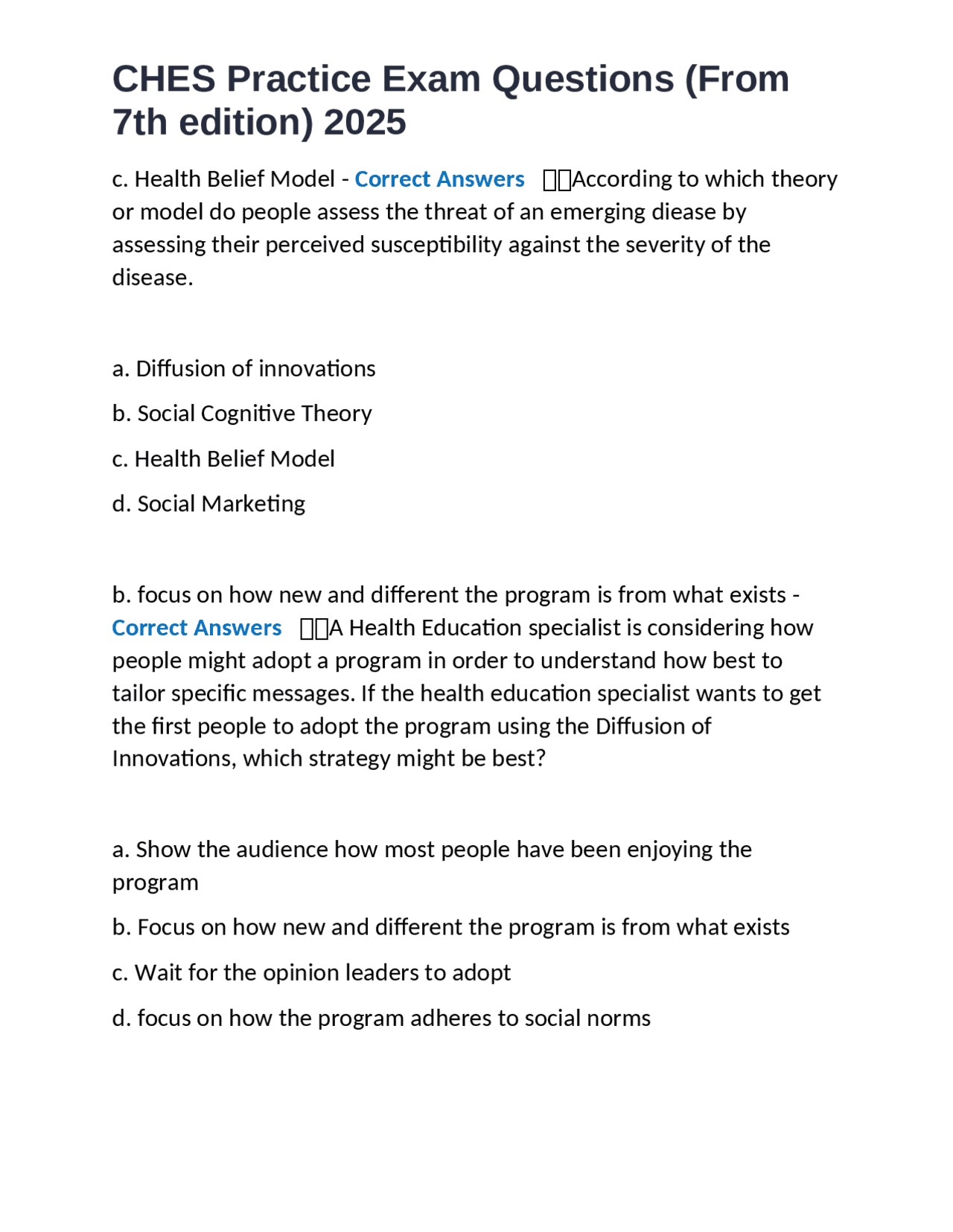 CHES Practice Exam Questions (From 7th edition) 2025 | Exams Nursing ...