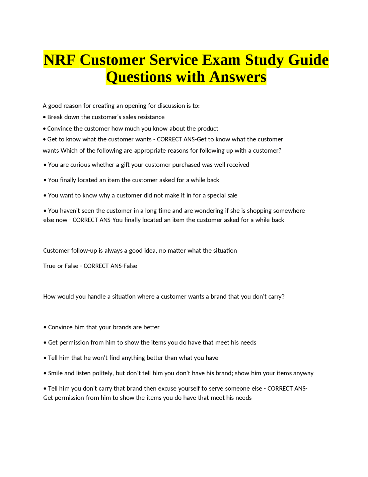 NRF Customer Service Exam Study Guide Questions with Answers | Exams ...