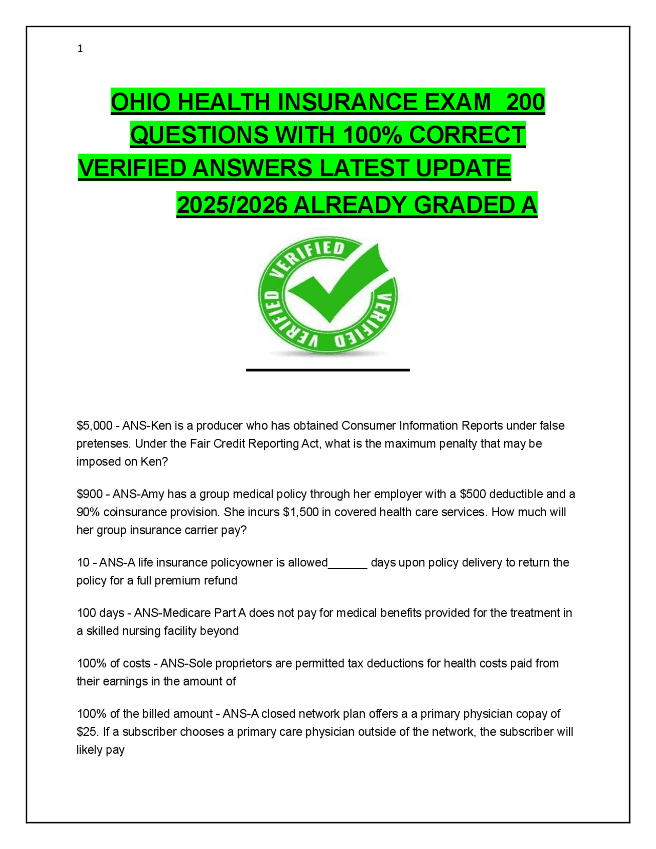 OHIO HEALTH INSURANCE EXAM 200 QUESTIONS WITH 100% CORRECT VERIFIED ...