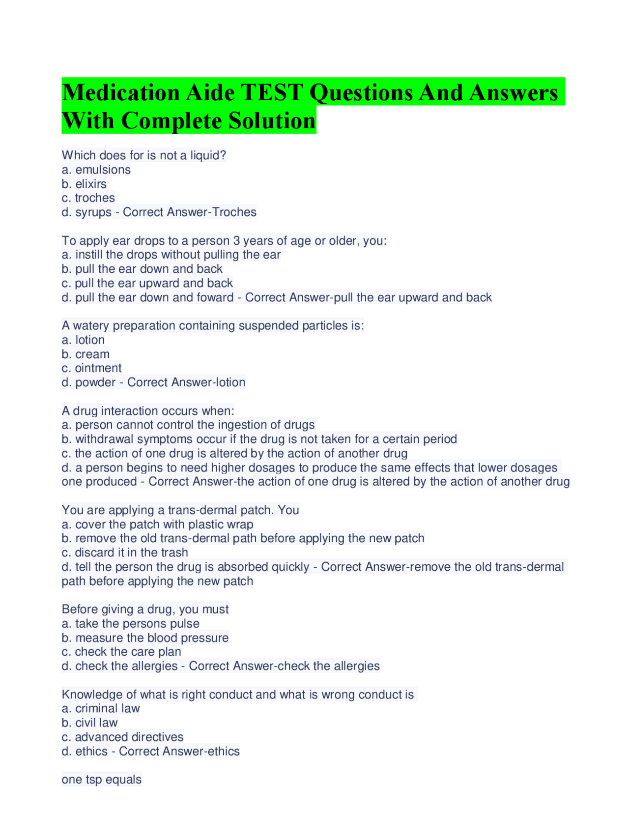 Medication Aide Test Questions and Answers | Exams Community Health ...