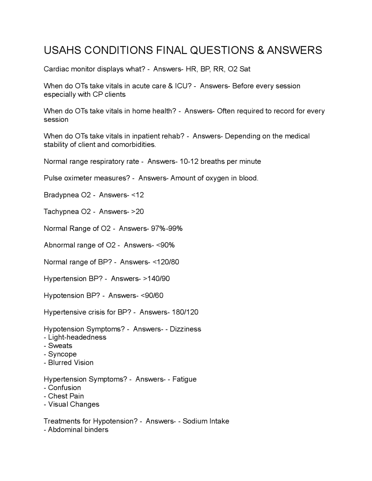 USAHS Conditions Final Questions & Answers: A Guide to Health and ...