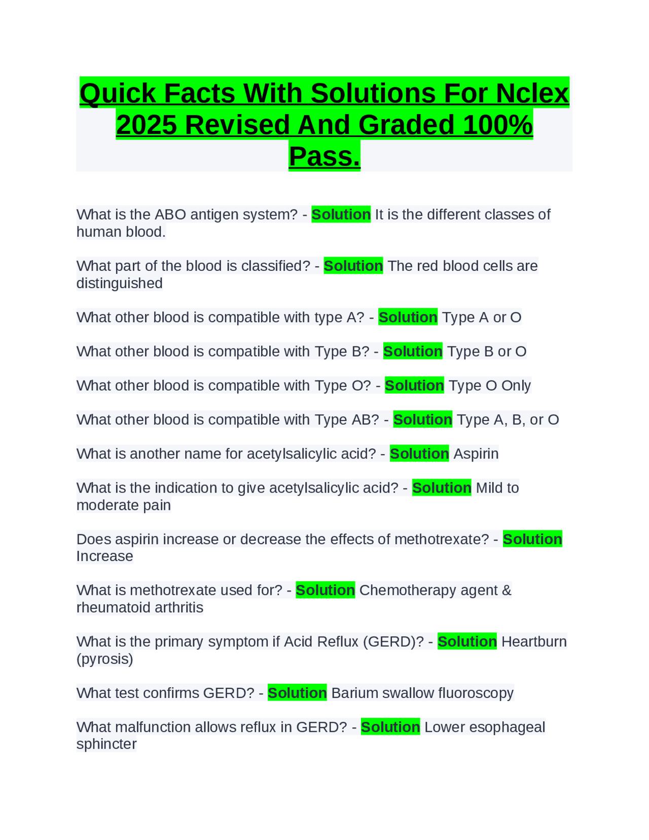 Quick Facts With Solutions For Nclex 2025 Revised And Graded 100% Pass ...