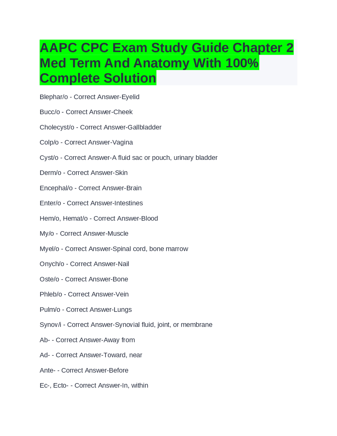 AAPC CPC Exam Study Guide Chapter 2: Medical Terminology and Anatomy ...