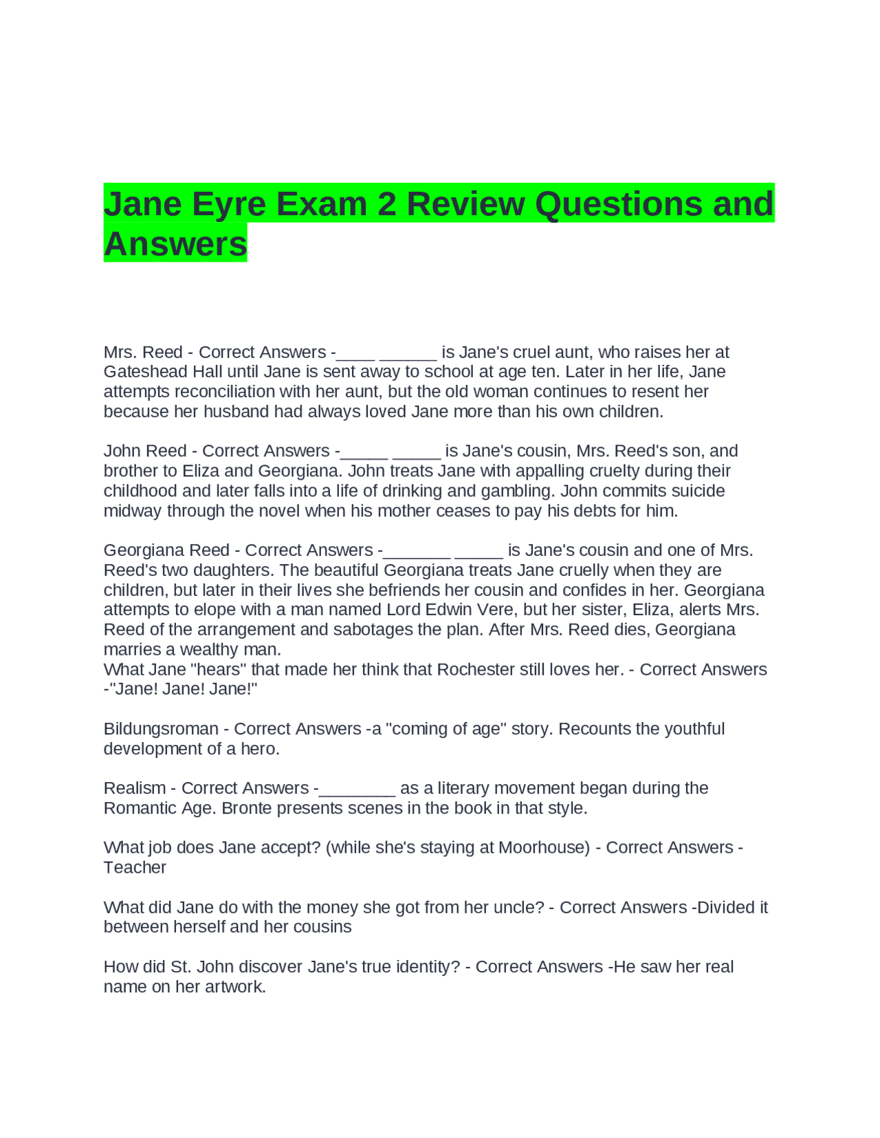 Jane Eyre Exam 2 Review Questions and Answers: A Comprehensive Guide ...
