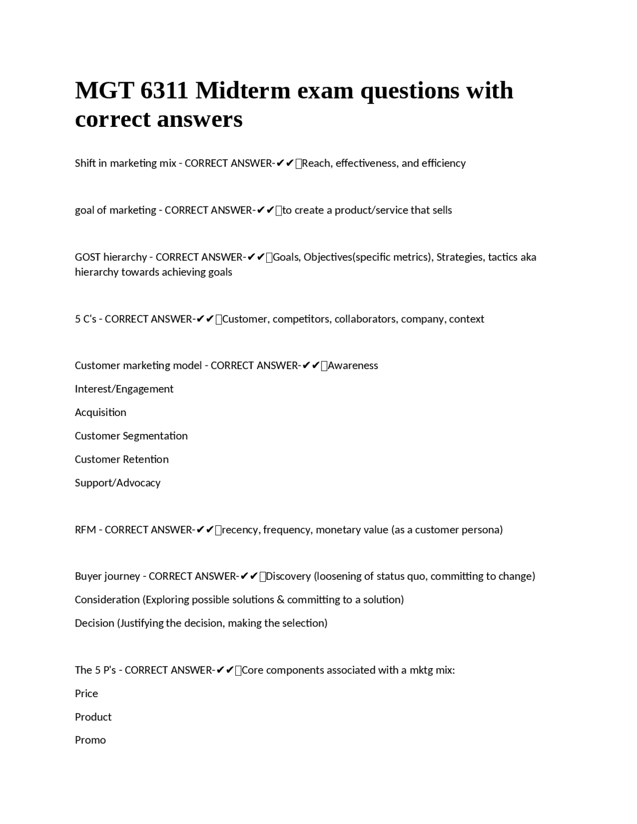 MGT 6311 Midterm Exam Questions and Answers: Marketing Concepts and ...