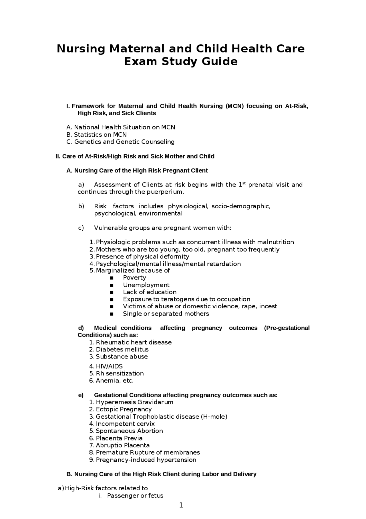 Nursing Maternal and Child Health Care Exam Study Guide | Study Guides ...