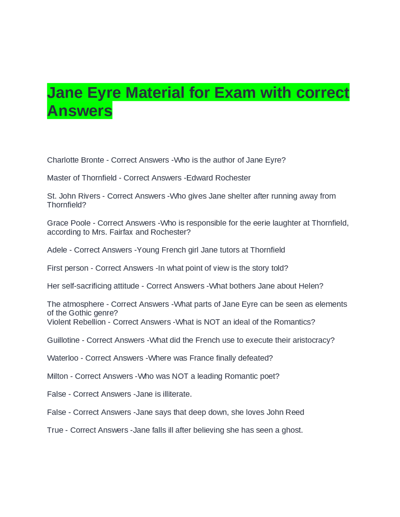 Jane Eyre Exam Material with Answers: A Study Guide for Students ...