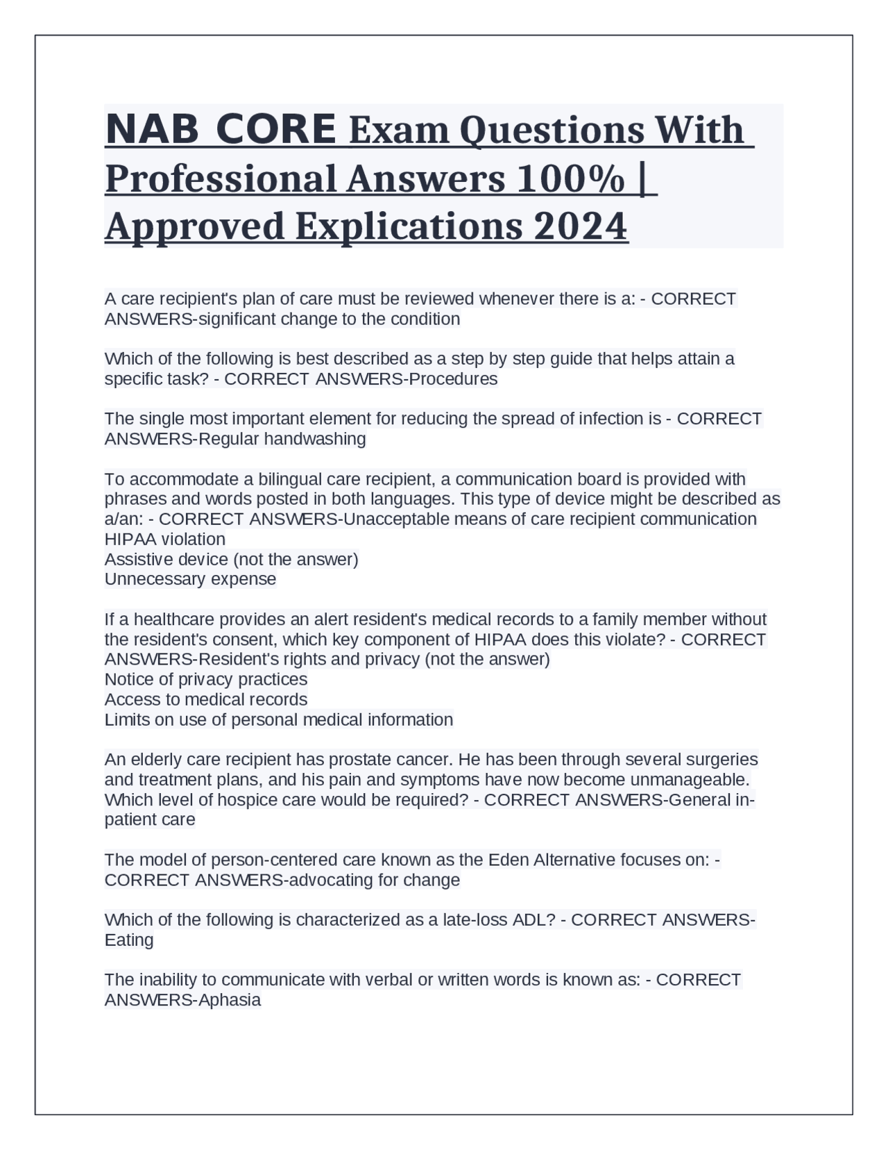 NAB CORE Exam Questions with Professional Answers: 100% Approved ...