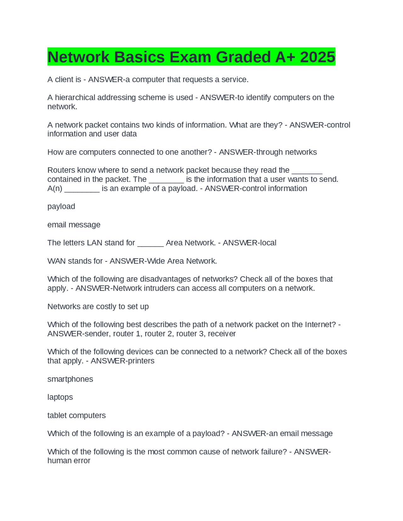Network Basics Exam: Graded A+ 2025 | Exams Network and System Administration | Docsity