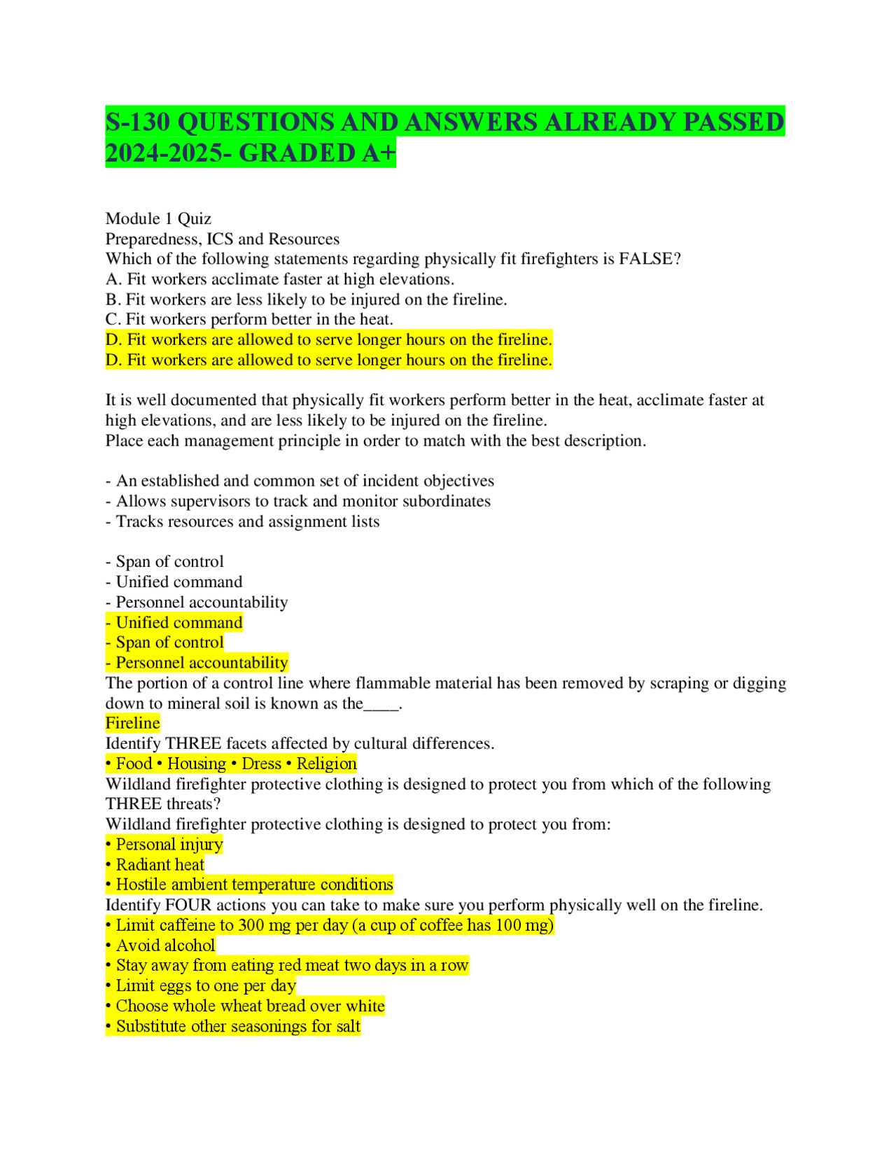 S-130 QUESTIONS AND ANSWERS ALREADY PASSED 2024-2025- GRADED A+ Module ...