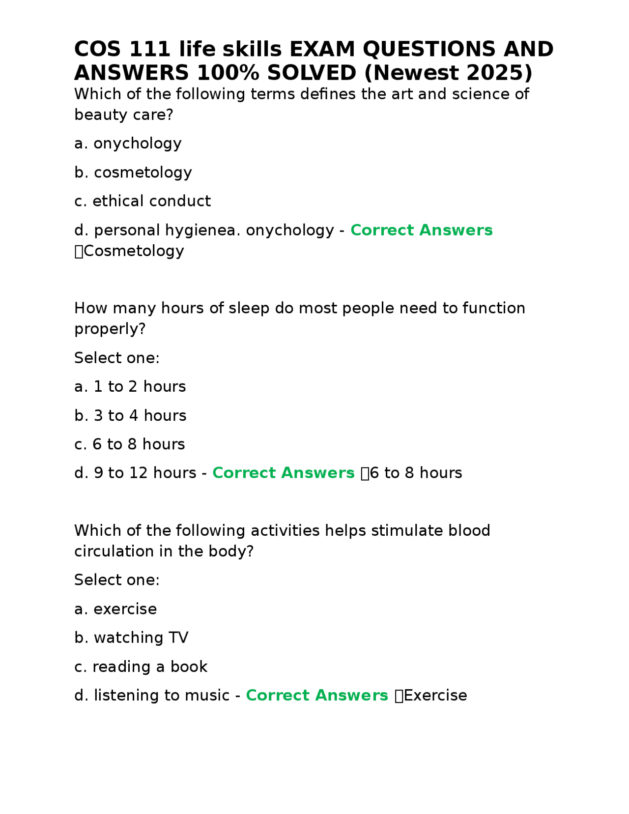 COS 111 Life Skills Exam Questions and Answers | Exams Nursing | Docsity