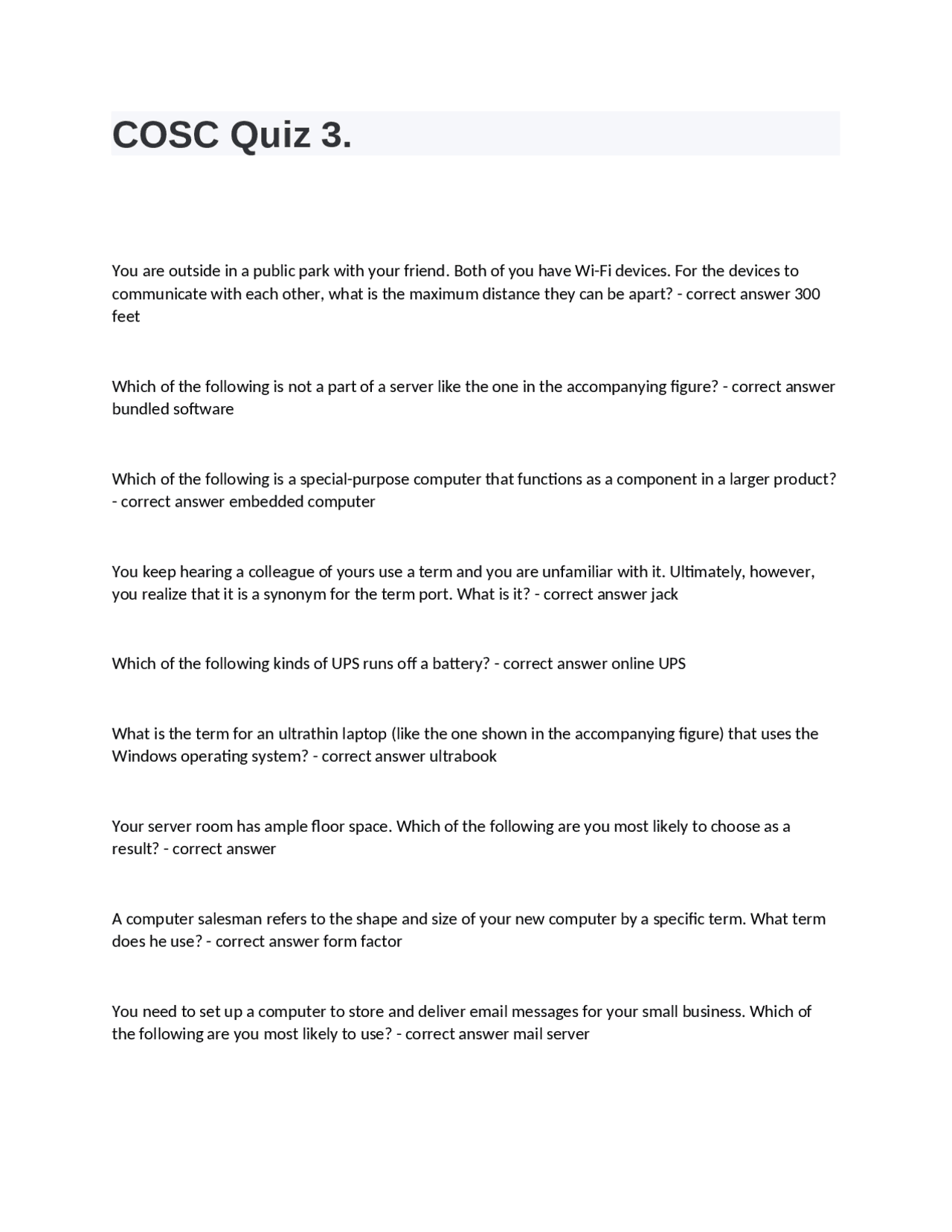 COSC Quiz 3 Exam Questions With Correct Answers. | Exams Nursing | Docsity