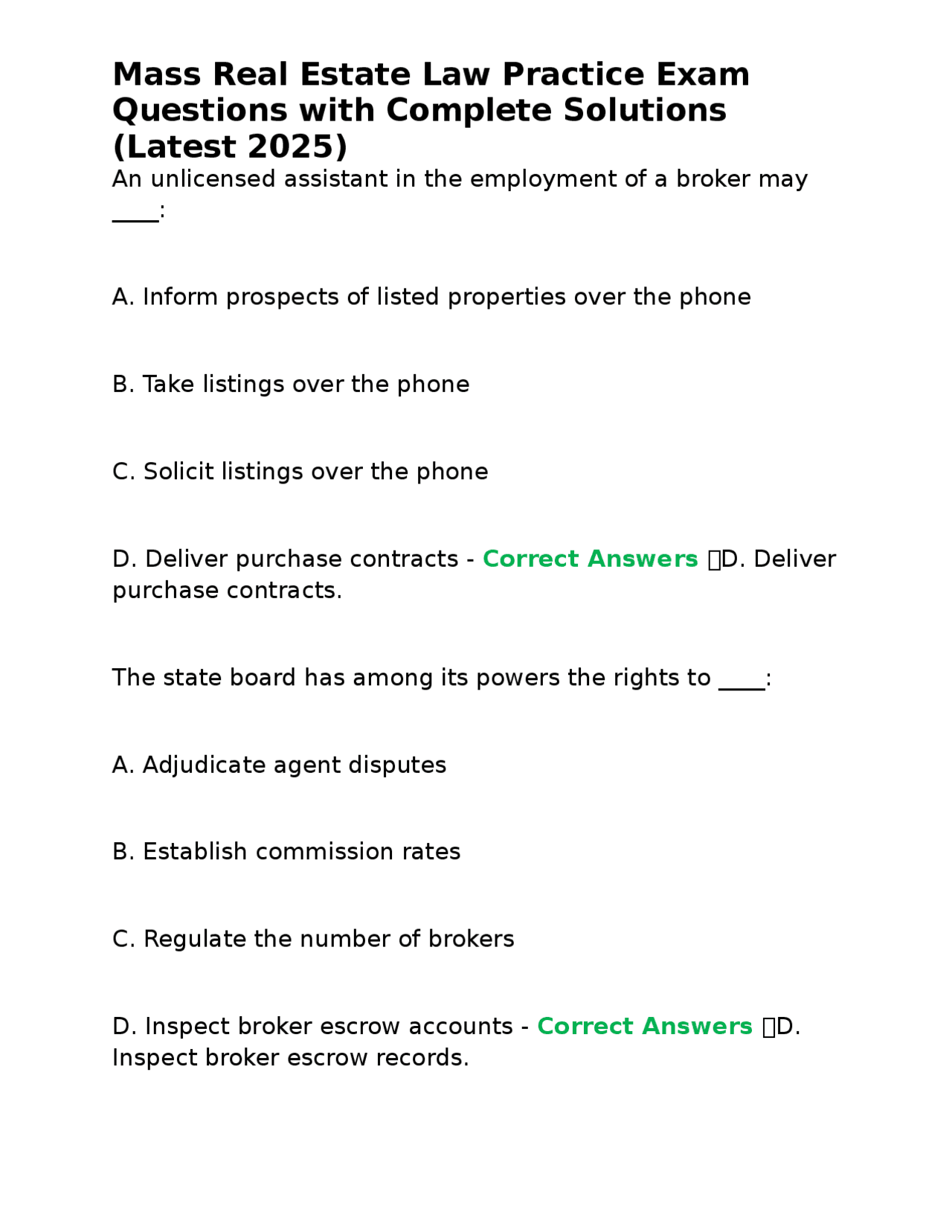 Mass Real Estate Law Practice Exam Questions with Complete Solutions ...