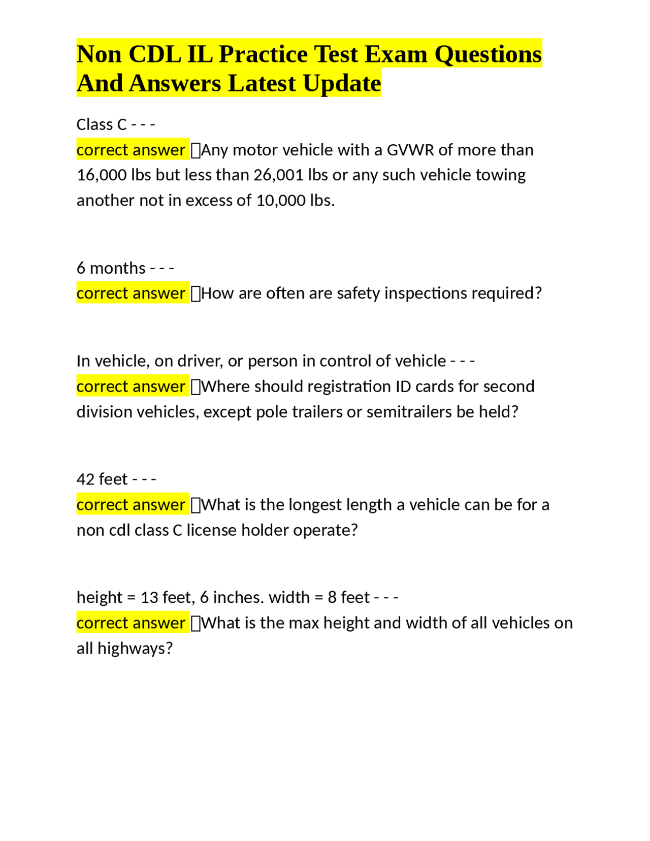 Illinois Non-CDL Class C Practice Test Questions and Answers | Exams ...